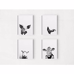 Black and White Farm Animal Prints | Set of 4 11x14 Cute Animal Wall Art | Rustic Kids Bedroom and Baby's Nursery Wall Decor | Pig, Chicken, Sheep, Cow Photos Ready to Frame | Vintage Farmhouse Decor