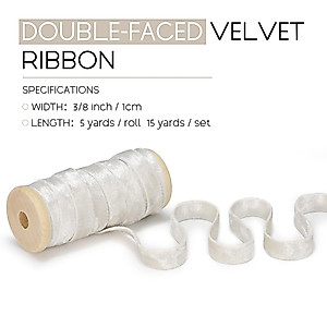 Keypan Ivory White Velvet Ribbon Double-Sided Handmade Glossy Fabric Trim Wooden Spool Thin Ribbons for Christmas Tree Gift Wrapping Crafts Wedding Flower Bouquet 3/8 inch x 5YD 3 Rolls