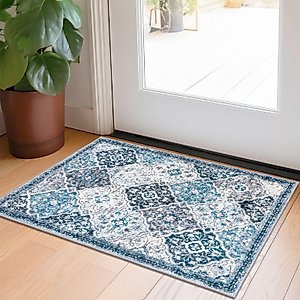 KILOCOCO 2x3 Small Area Rug, Moroccan Entryway Rugs Indoor Vintage Washable Rug Non-Slip Indoor Door Mat, Accent Print Faux Wool Throw Rug for Laundry Kitchen Bedroom Entrance, Blue/Multi