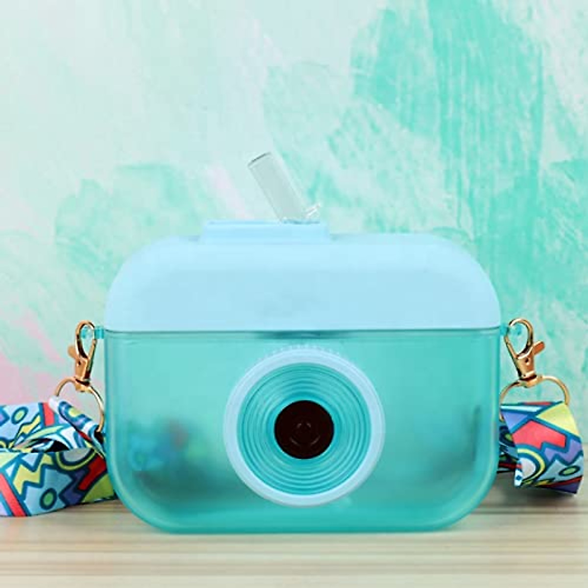 ORIJOYNA 13 oz Cute Water Bottle with Straw - Camera Shape Water Cup with Adjustable Shoulder Straps - Ideal Kawaii Gift for School (Blue)
