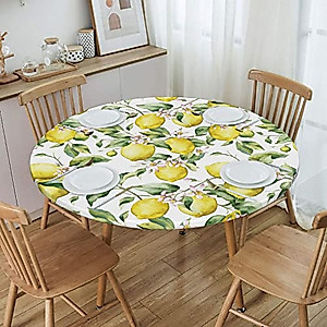 Lemon Round Fitted Table Cover Washable Reusable Elastic Edge Table Cloth for Patio Indoor Outdoor Kitchen Party Use