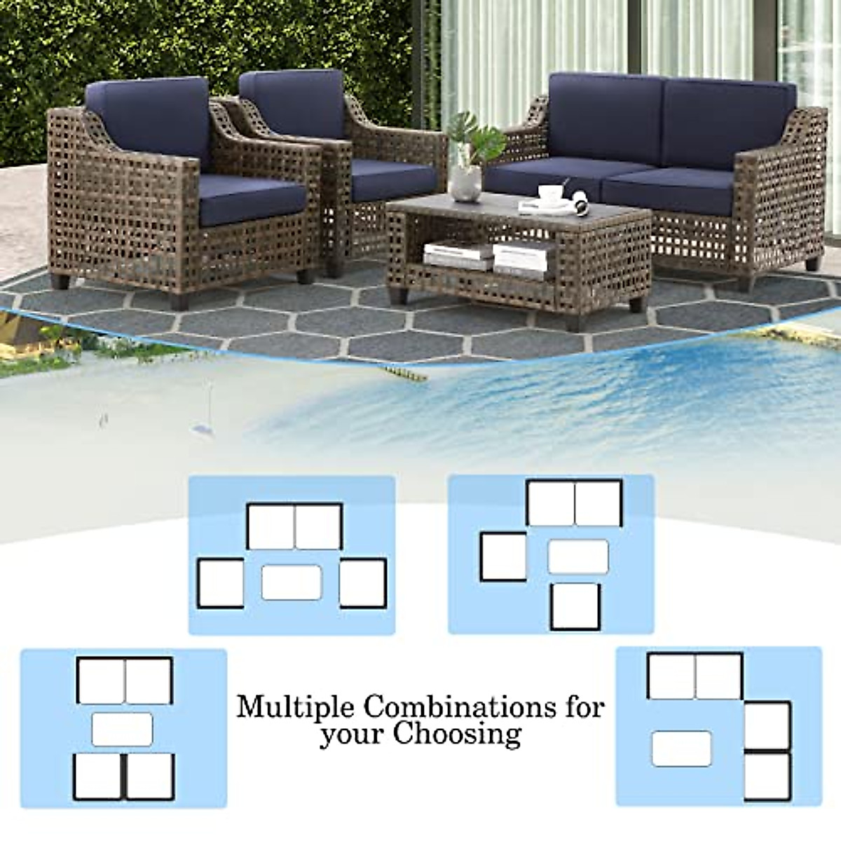 MELLCOM 4-Piece Outdoor Sectional Sofa Couch, Patio Furniture Set with Cushions and HDPE Table Top, Handwoven PE Wicker Rattan Patio Conversation Set for Patio, Garden, Yard, Pool, Brown and Blue