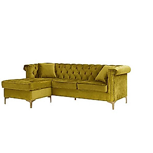 Iconic Home Levin Left Hand Facing Sectional Sofa L Shape Chaise Velvet Button Tufted Rolled Arm with Nail Head Trim Tone Metal Y-Leg with 2 Accent Pillows Modern Contemporary, Gold