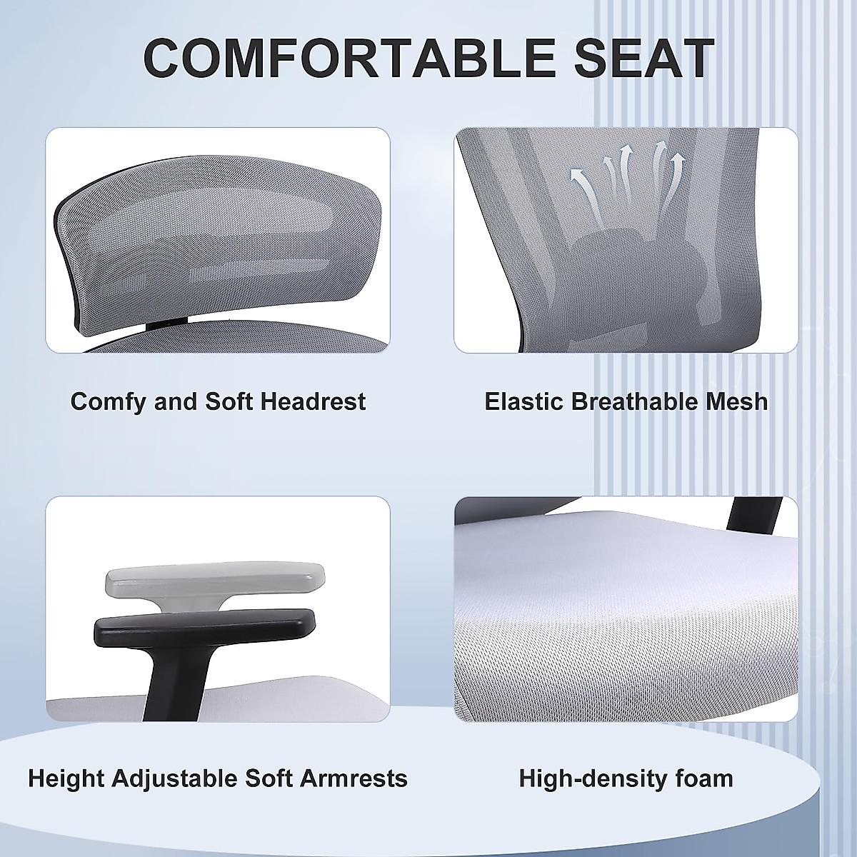 Ermnois Ergonomic Home Office Chair, High Back Desk Chair with Adjustable Lumbar Support, 2D Armrest and Headrest, Mesh Computer Gaming Chair with Tilt Function (1, Grey)