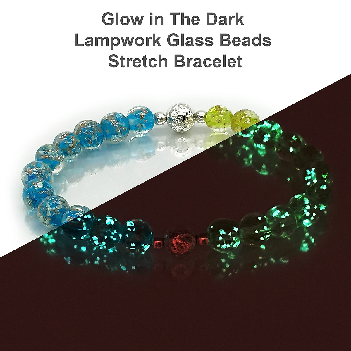 ARTSY CRAFTS INC Glow in The Dark Beads Bracelet, European Lampwork Bead Bracelet, Luminous Beads Anxiety Stress Relief Healing Crystal Chakra Bracelets Women Men (Blue and Lime)