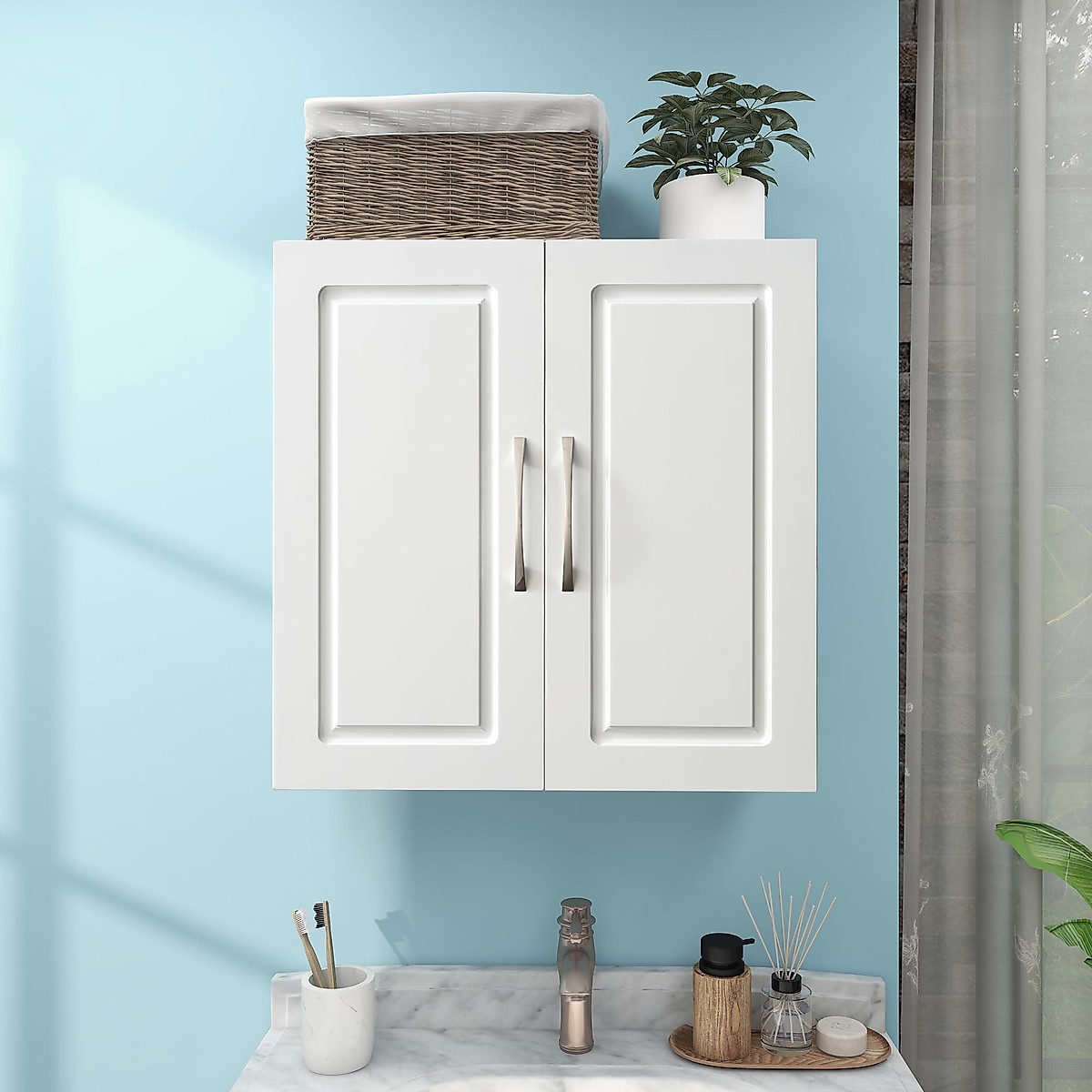 VANIRROR White Storage Cabinets, Bathroom Wall Cabinet Laundry Room Cupboard Over Toilet Space Storage Cabinet, Medicine Cabinet for Bathroom Kitchen with 2 Door and Adjustable Shelf