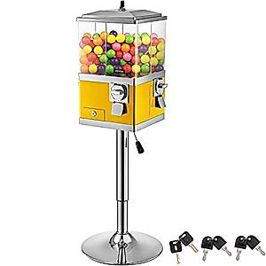 VEVOR Gumball Machine with Stand, Yellow Quarter Candy Dispenser, Rotatable Four Compartments Square Candy Vending Machine, PC & Iron Large Gumball Bank Adjustable Dispenser Wheels for 1" Gumballs