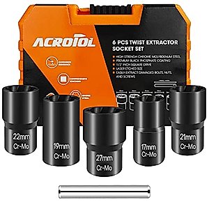 ACROTOL 6PCS Twist Socket Set Lug Nut Remover Tool, 1/2”Drive Impact Bolt Nut Extractor, for Removing Damaged, Frozen, Rusted, Rounded-Off Bolts, Nuts & Screws