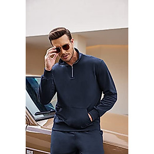 COOFANDY Men 2 Piece Workout Sweat Suit Casual Long Sleeve Gym Active Tracksuit Navy Blue