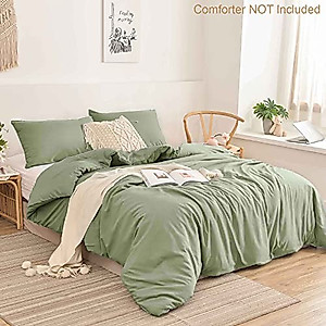 Nanko Queen Duvet Cover Set Sage Green Light Green 3pc 90x90 Luxury Microfiber Comforter Quilt Bedding Cover with Deco Buttons Zip Closure Ties - Modern Elegant Style for Men and Women Chambray Teen