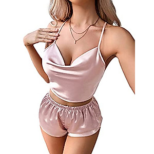 LYANER Women's Silky Satin Pajamas Set Cami Crop Top with Shorts Lingerie Sleepwears PJ Set Pink Small