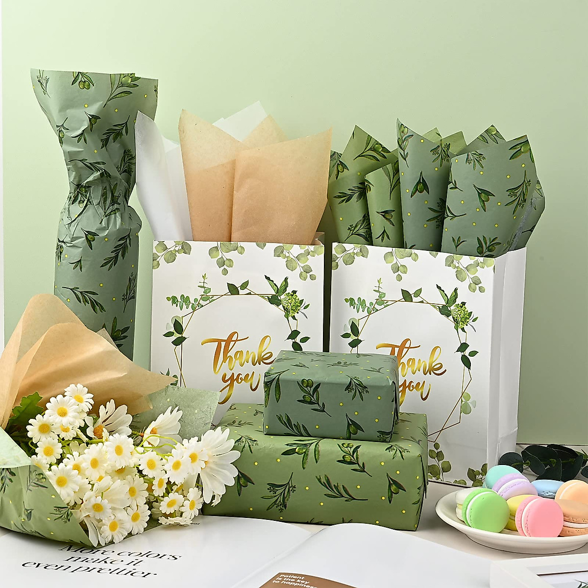 Bolsome 50 Sheets 20x14in Olive Leaf Tissue Paper, Green Wrap Tissue, Greenery Bontanical Tissue Paper for Boho Vibe Gift Bags Boho Plant Tissue for Baby Shower Birthday Wedding Party DIY Craft