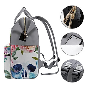 Skull and Flowers Day of The Dead Diaper Bag Backpack Large Capacity Mommy Bags Multifunction Nappy Bag Travel Back Pack Gray-Style