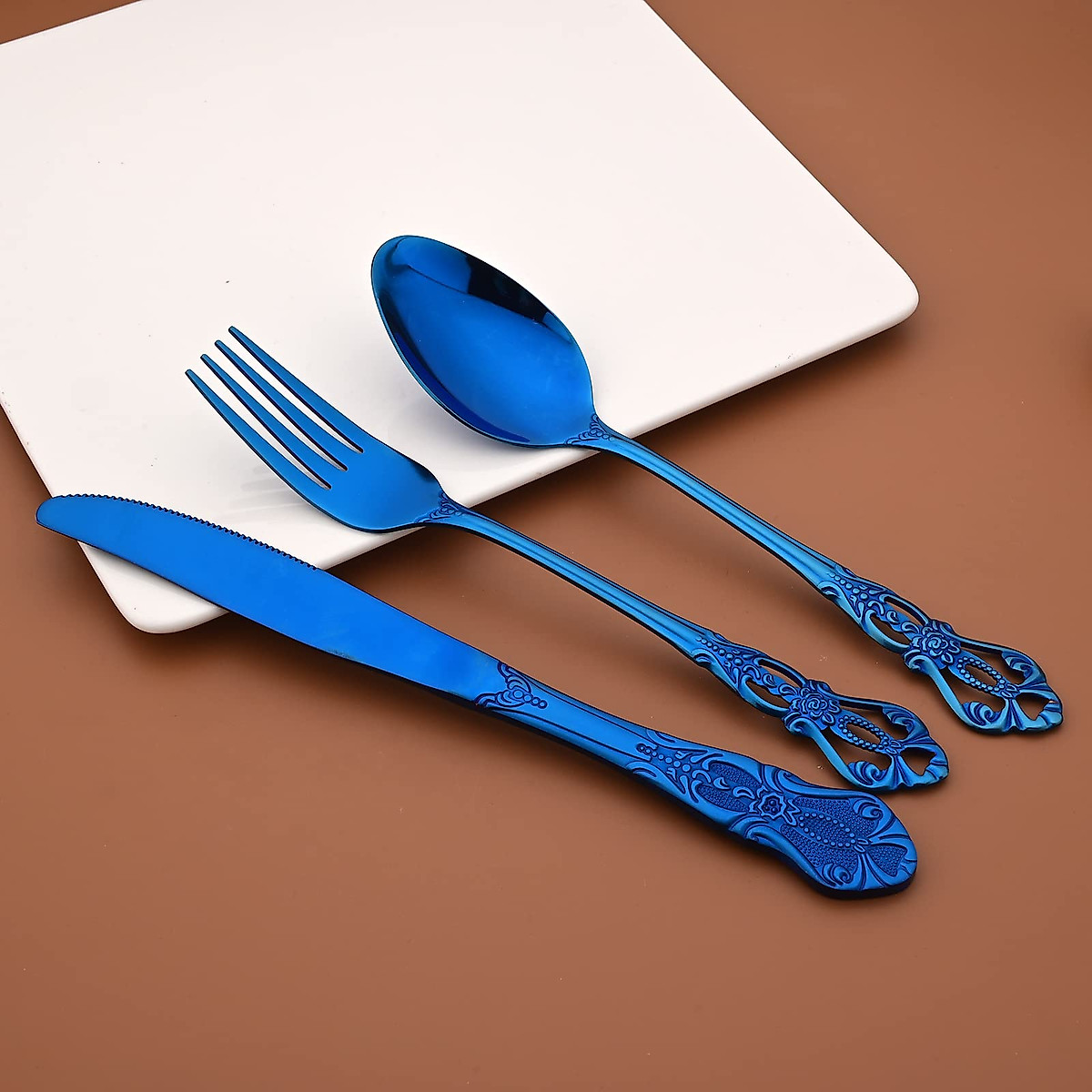 Snplowum Royal 24-piece Blue Mirror Silverware Dinnerware, 18/10 Stainless Steel Luxury Flatware Service For 6 Include Knives/Forks/Spoons/Teaspoons, Dishwasher Safe