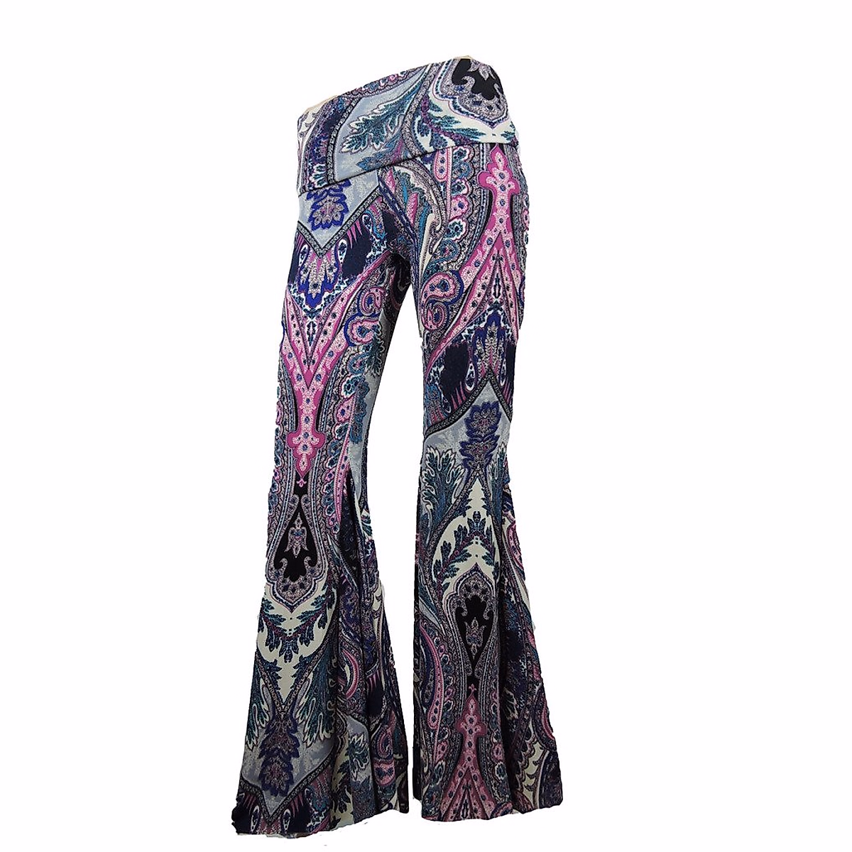Sugar Rock Women Paisley Palazzo Hippie Pants Fold-Over Waist Bell Bottom Leg,Purple,X-Large