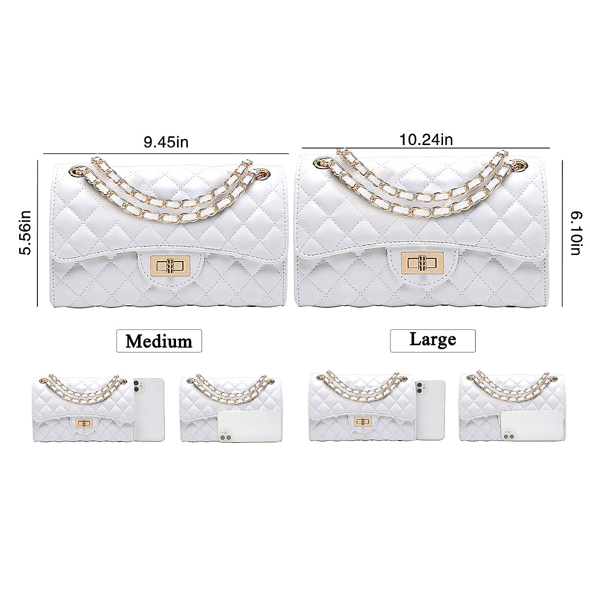 Eveupp White Purses for Women White Crossbody Bags for Women Quilted Purse with Chain Strap L