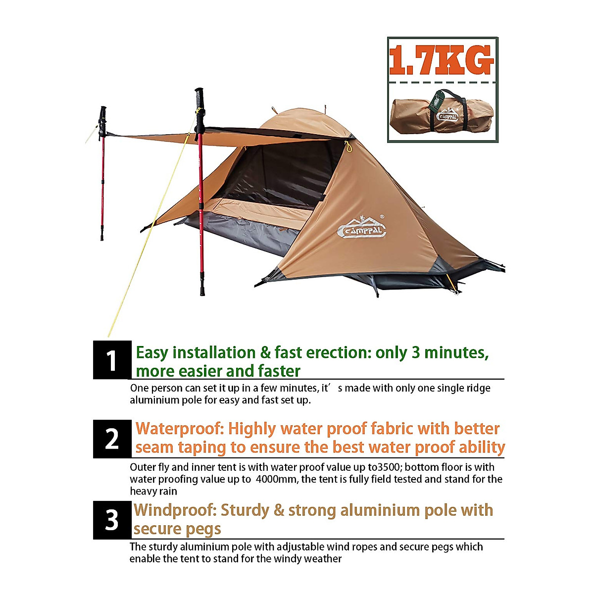 camppal 1 Person Tent Backpacking Tent for Camping Hiking Trekking Hunting Super Lightweight and Waterproof & Windproof 4 Season Mountain tent MT051 (Khaki)