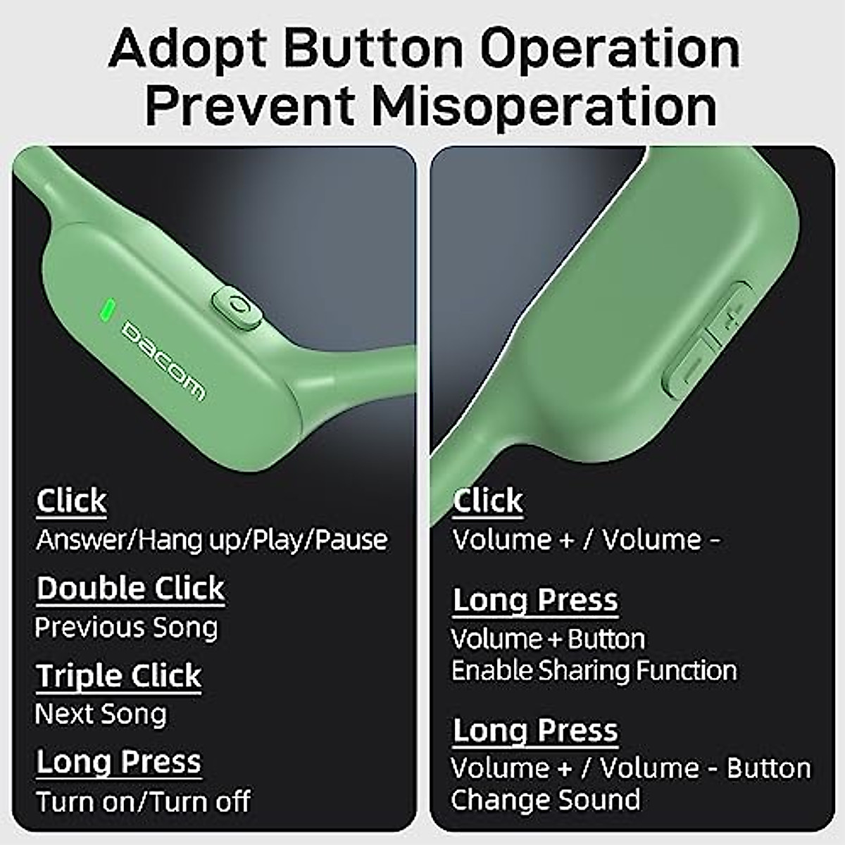 DACOM Bone Conduction Headphones Bluetooth5.3, Open Ear Earphones Wireless IPX7 Waterproof Fast Charge Sports Headset, Built-in Mic with Headband Noise Canceling for Running Workout Green