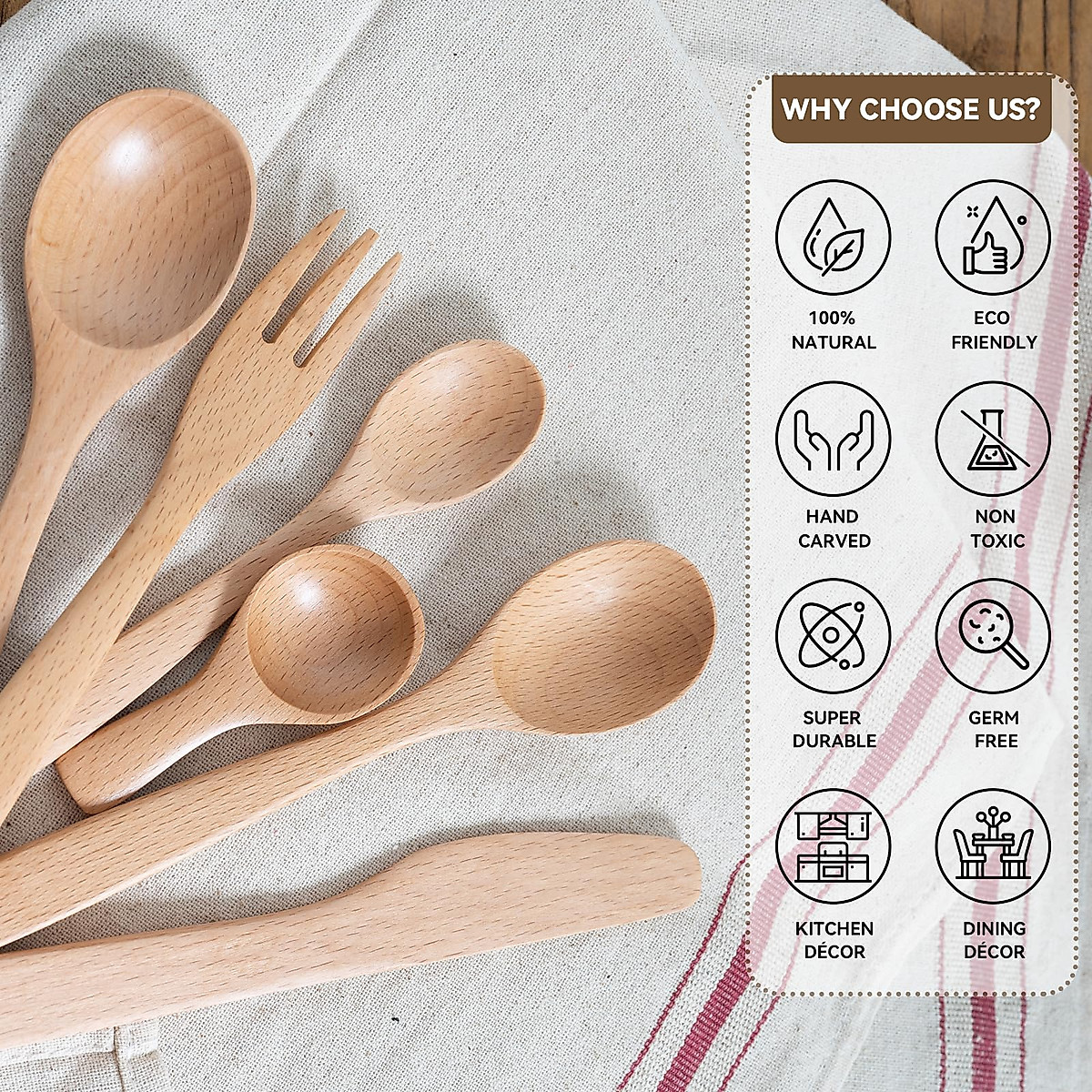 Wooden Spoon for Eating, Fork and Knife Set(6 pcs), Salad Spoon, Spreader Knife, serving spoon, Small Scoops for Canisters, Coffee Spoon, Portable Travel Tableware, Natural Wood Cutlery Set Reusable
