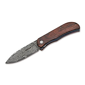 BOKER PLUS Exskelibur II Folding Gentlemen’s Pocket Knife, Damascus Steel Blade, Cocobolo Scales, Blue Anodized Titanium Liners, Titanium Pocket Clip