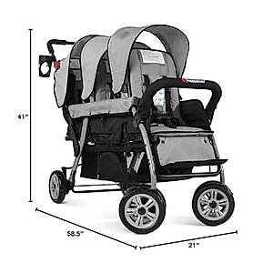 Foundations Sport Trio 3-Seat Folding Stroller with Oversized UV Blocking Canopy, 5-Point Harness for Added Safety, Easy Loading, Storage Bucket, Fits Through Most Standard Doorways (Gray)