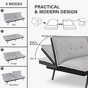 Futon Sofa Bed, Memory Foam Futon Convertible Couch Bed Sleeper, Futon Couch with Adjustable Backrest, Multi-Functional Convertible Sofa Bed, Space-Saving Sleeper Sofa for Living Room, Grey-3