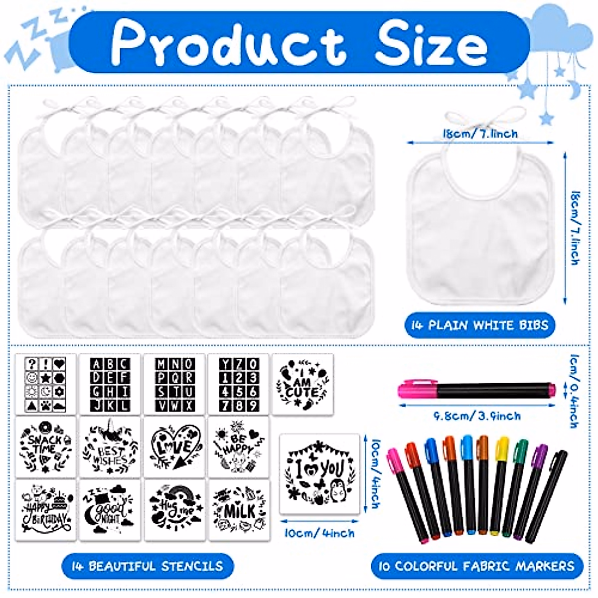 38 Pcs DIY Baby Bibs Set Includes 14 Bibs and 14 Stencils with 10 Fabric Markers 2 Ply Knit Terry Feeder Bibs Baby Drooling Bibs Newborn Cloth Bibs for Baby Shower Party Baby Gender Reveal Games