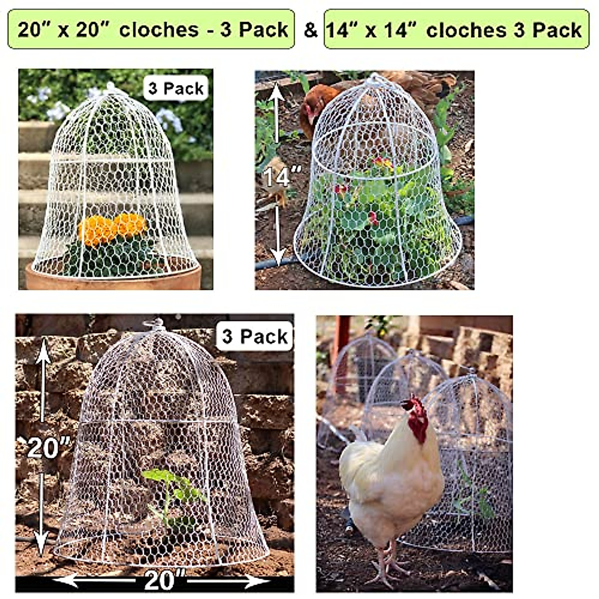 HEIDI & OLAV 3 Pack 20" & 3 Pack 14" Chicken Wire Cloche for Plants Squirrel Proof Metal Plant Cover Cage Garden Animal Protection Metal Plant Cage Protector Dome Rabbit Bunny Guard