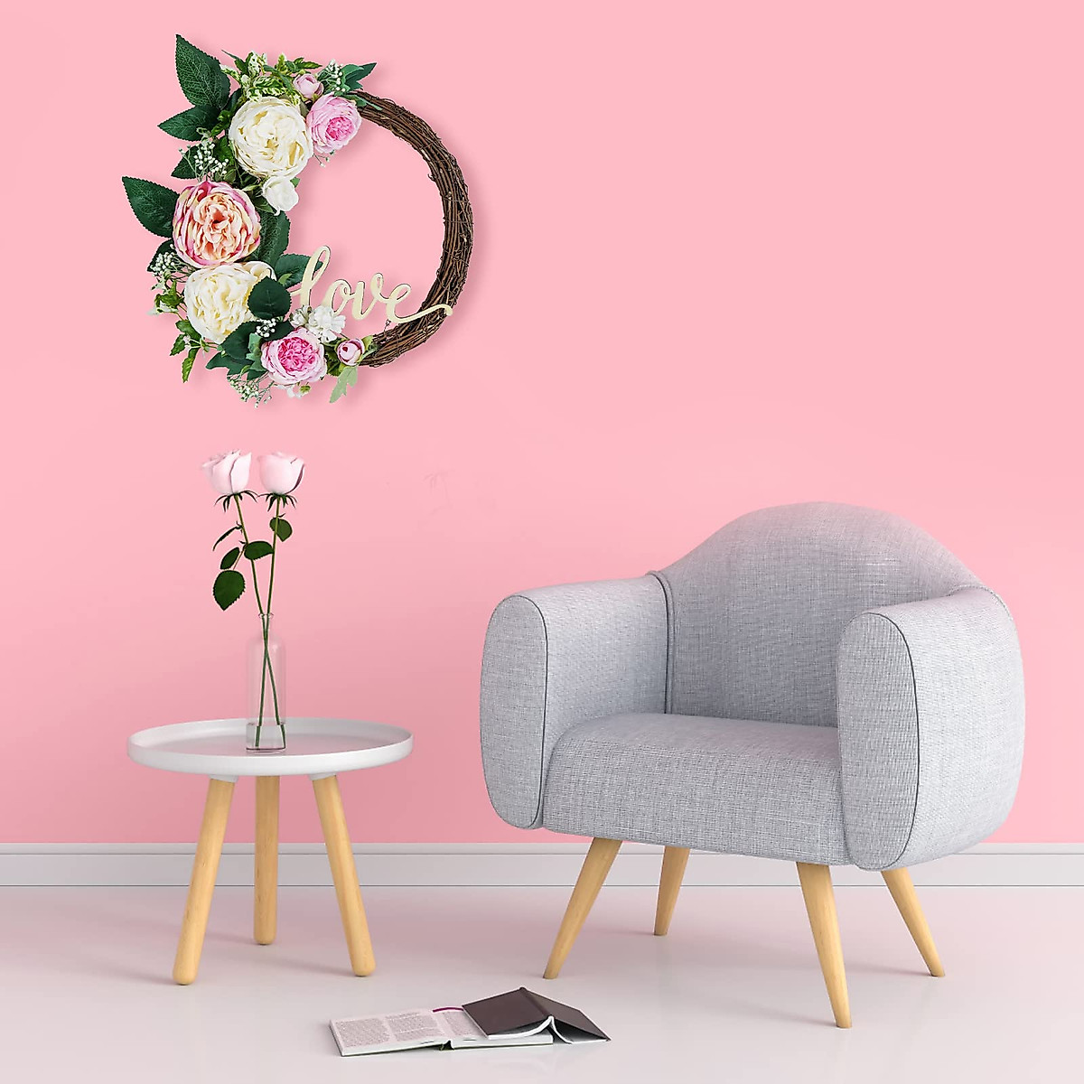 Martine Mall 14In Artificial Peony Flower Wreath Half Circle Wreath Front Door Wreath for Spring Summer Floral Wreath with Eucalyptus Leaves Home Garden Party Wedding Mother Valentines Day Decor