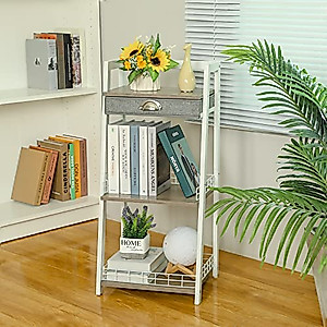 keomaisyto 3-Tier Bathroom Ladder Shelf, Bathroom Floor Storage Shelf with Drawer, Freestanding Tower Shelf, Open Shelving Unit for Bathroom Living Room Balcony