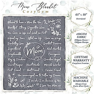 CozyGem Mom Blanket, Mom Birthday Gifts, from Daughter or Son, Best Mom Cozy Throw Blankets with Letter, Mom Gifts, Love You Mom Blanket, Mothers Day Blanket, 65x50, Fleece - Gray
