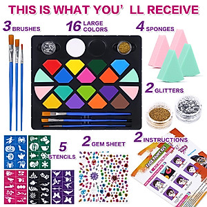 BOBISUKA Face Painting Kit for Kids - 16 Colors Water Based Body Face Paint Includes Brushes,Sponges,Glitters,Gem Sheet,Instructions,Stencils for Halloween Party Costume SFX Makeup