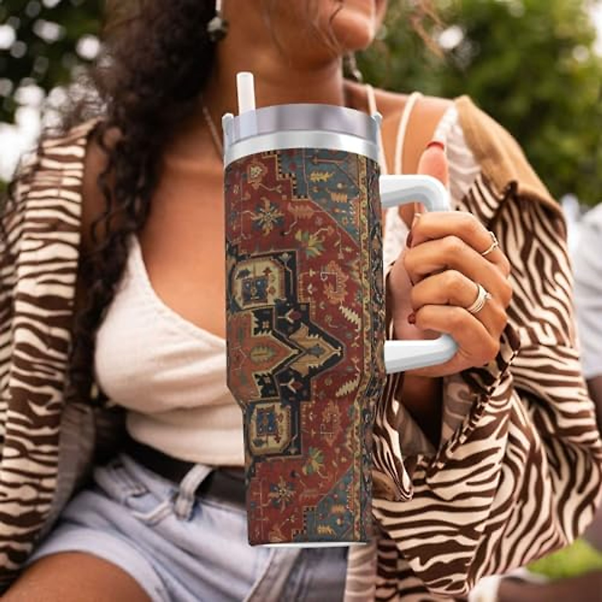 Xiexide 40oz Fits Cup Holder Sports Vintage Antique Oriental Turkish Antique Boho Bohemian Double Walled Vacuum Insulatedith Handle And Straw,Hot & Cold Drinks
