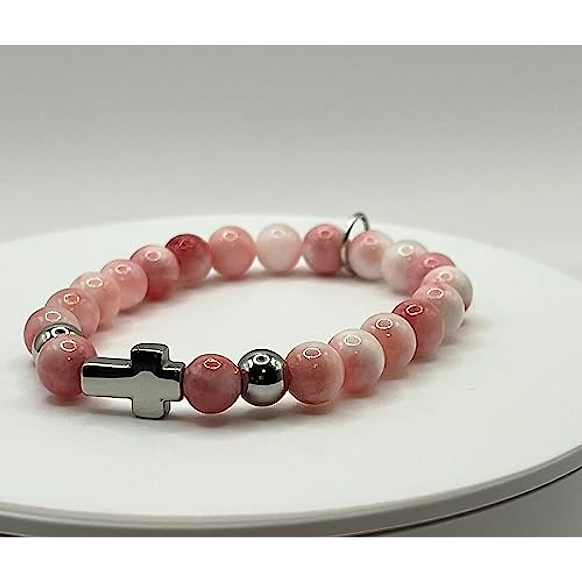 Women's Cross Bracelet with Initial Charm, Pink White Jade Semi Precious Stones (7, Pink White Jade)