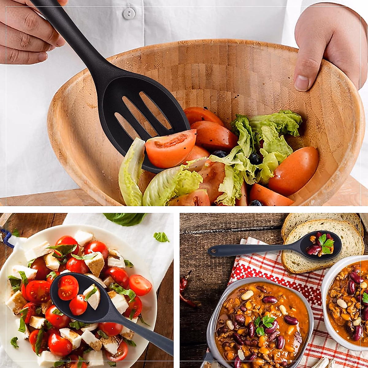 FONGLUAN Silicone Nonstick Utensils, Set of 3, Kitchen Utensils Set, Silicone Cooking Utensils Set, Turner/Spatula and Spoons - Heat Resistant, Nonstick Cookware, Dishwasher Safe, Black