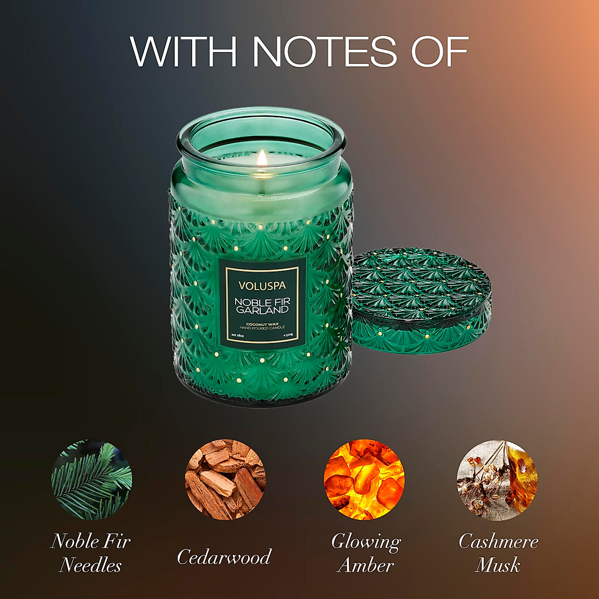 Voluspa Noble Fir Garland, Large Candle Jar, 18oz, Coconut Wax Blend, Christmas Scented Candles for Home, 100 Hour Burn Time, Poured in The USA