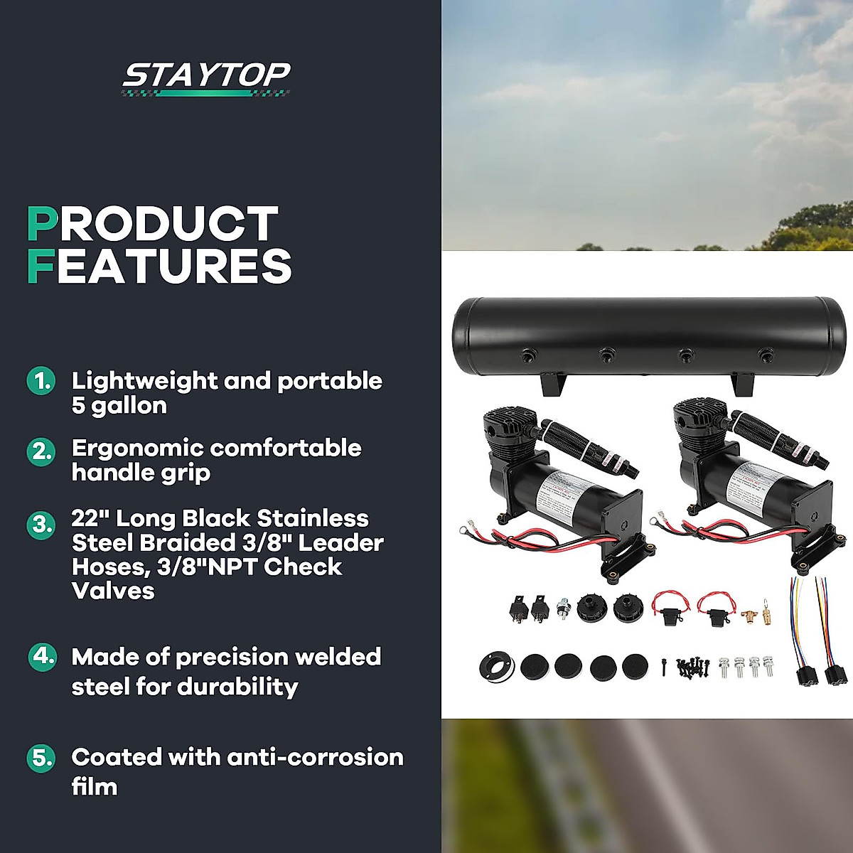 STAYTOP Dual Air Compressors 5 Gallon Air Tank for Air Suspension/Air Ride Bag/Train Horn/Spring, Onboard Air System Kit 200 psi Compressors
