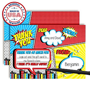 Comic Book Super Hero Birthday Thank You Notes, Ten 4" x 5.5" Fill In The Blank Cards with 10 White Envelopes by AmandaCreation
