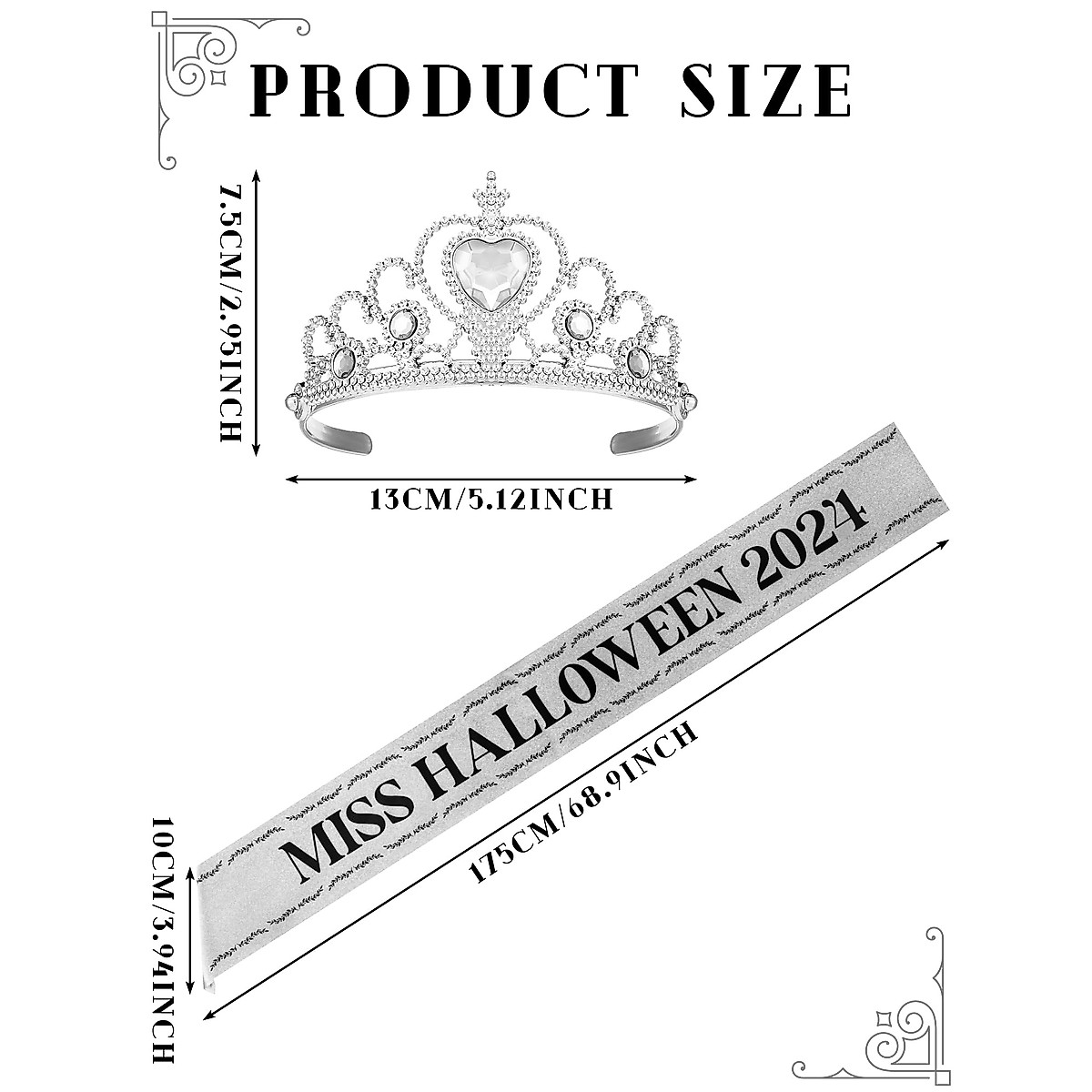 Ferraycle Miss Halloween 2024 Crown and Sash Cosplay Costume Kit for Women Silver Crystal Tiara Rhinestone Crown Princess Crown Headband Halloween Queen Sash for Party Decorations