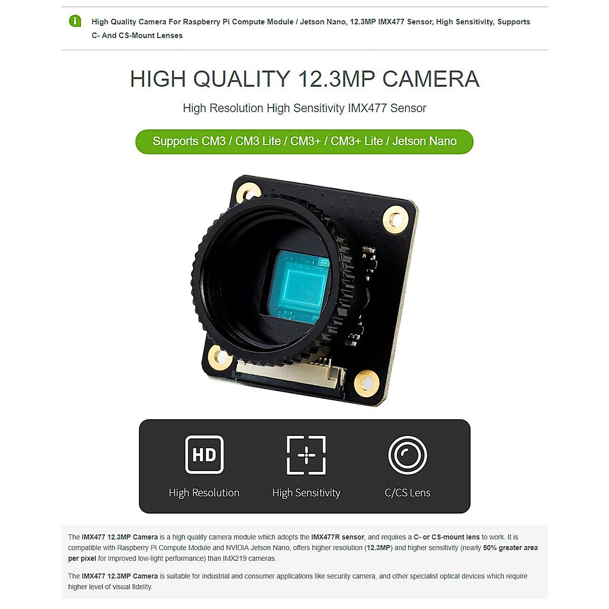 Bicool IMX477 Sensor 12.3MP Camera for Compute Module 3/ CM3 Lite/ CM3+ / CM3+ Lite/Jetson Nano,Supports C/CS Lenses,High Resolution High Sensitivity