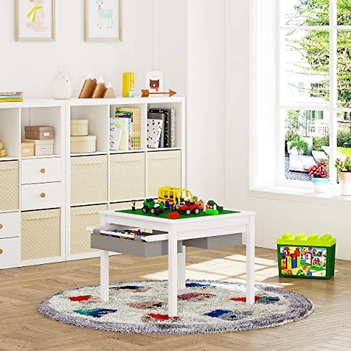 UTEX 2 in 1 Kids Construction Play Table with Storage Drawers and Built in Plate (White)