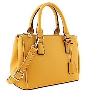 2pcs Set Classic Triple Zip Top Handle Small Satchel Bag with Zip Around Wallet (Mustard)
