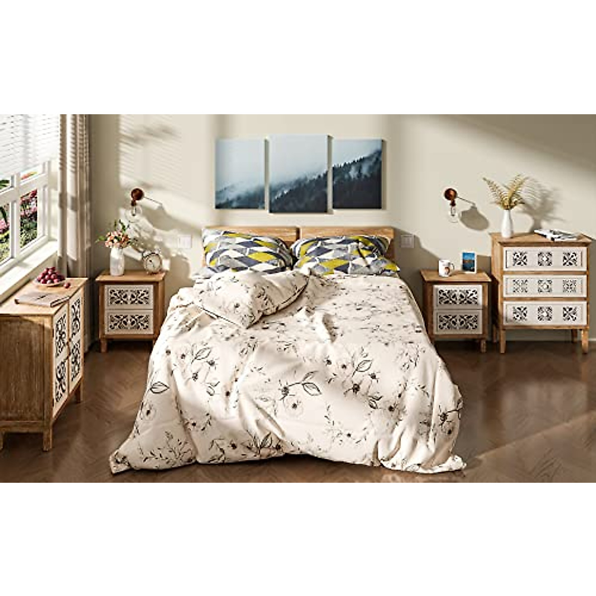 COZAYH Farmhouse 3-Drawer Accent Dresser with Print Front, Distressed Nightstand for Boho, Retro Rustic, French Country Style, Natural White 1-PACK