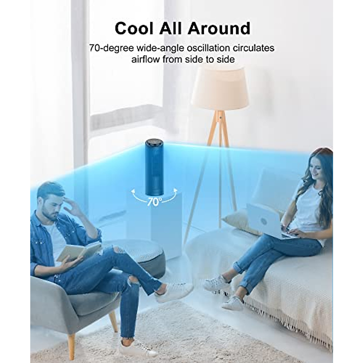 Cofeow Tower Fan for Bedroom, 20ft/s Quiet Cooling Fan, 70° Oscillating Floor Fan with Remote,Led Display,3 Speed Options,4 Modes,12Timer,13“ Bladeless Portable Table Fan for Bedroom Office Home Desk Black