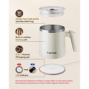 TECFUN Coffee Mug Warmer, [2024 new Wireless Heating Tech][0 Fire Risk][2 In 1 Mug Warmer & Wireless Charger] 12oz Mug with Lid, Coffee Warmer for Desk, Tea Cup Warmer, Gifts for her/him