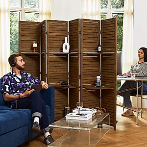 Partition Room Dividers, Folding Wood Privacy Screen with Three Display Shelves Suitable for Home Office, Study, Art Display - 6 Panel, 67 * 77inch (Brown)