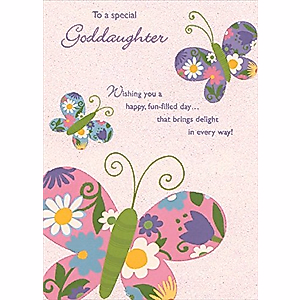 Designer Greetings Three Colorful Butterflies on Glitter Background: Goddaughter Birthday Card