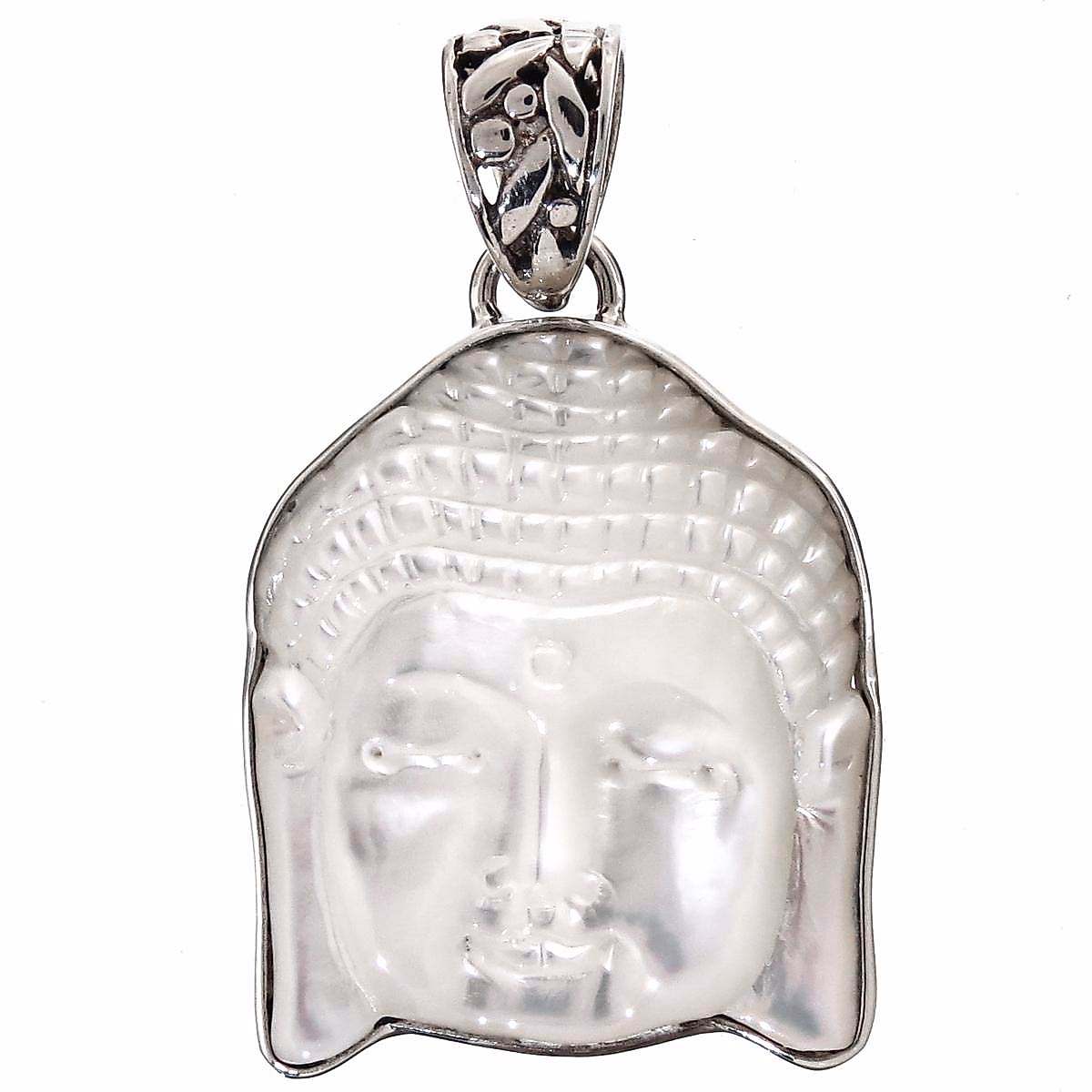 Buddha Goddess White Mother Of Pearl Shell 925 Sterling Silver Pendant, 1 3/16"