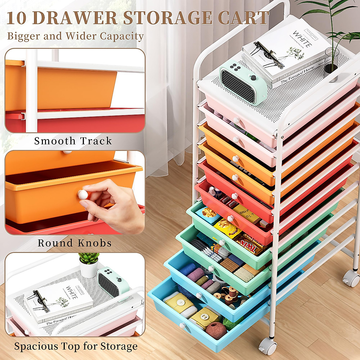 Rolling Storage Cart with 10 Drawers, Drawer Cart with All-Metal Frame & Lockable Wheels, Organizer Utility Cart with Handle for Crafts, School Teacher, Home, Office, Classroom, Macaron Color