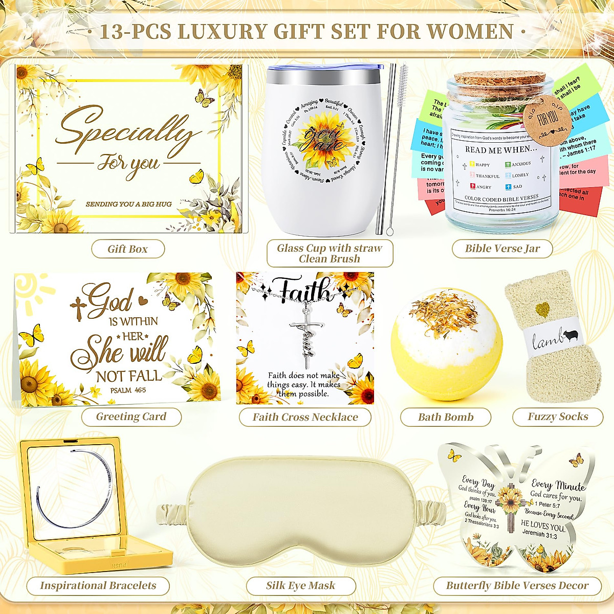 12PCS Christian Gifts for Women Faith, Sunshine Box Inspirational Gifts for Women,Christian Birthday Baskets,Religious Catholic Baptism,Get Well Soon Baskets for Mom,Friends,Wife,Girlfriends